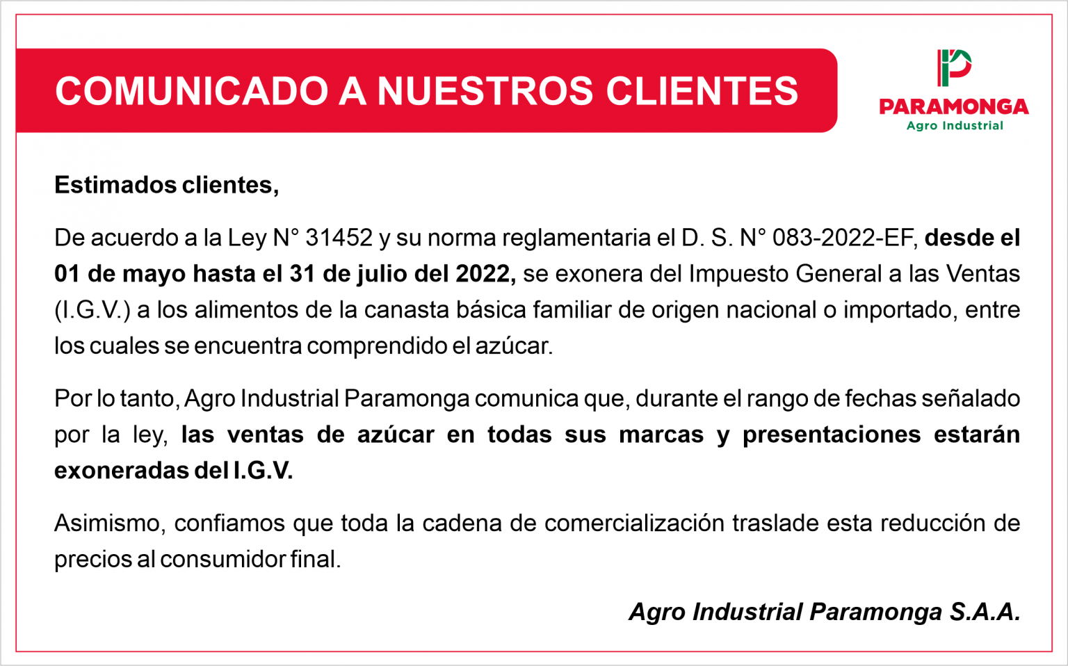 COMUNICADO A NUESTROS CLIENTES - Agro Industrial Paramonga - AIP